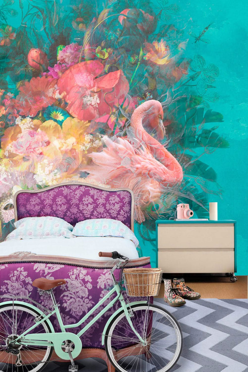 Flamingo Flowers Wall Mural by Back to the Wall - Back To The Wall